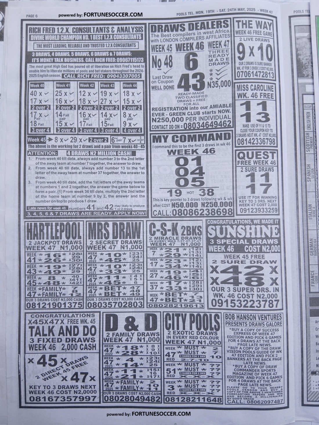 Week 47 Pool Late News Papers 2025: Bigwin Soccer, Pool Telegraph