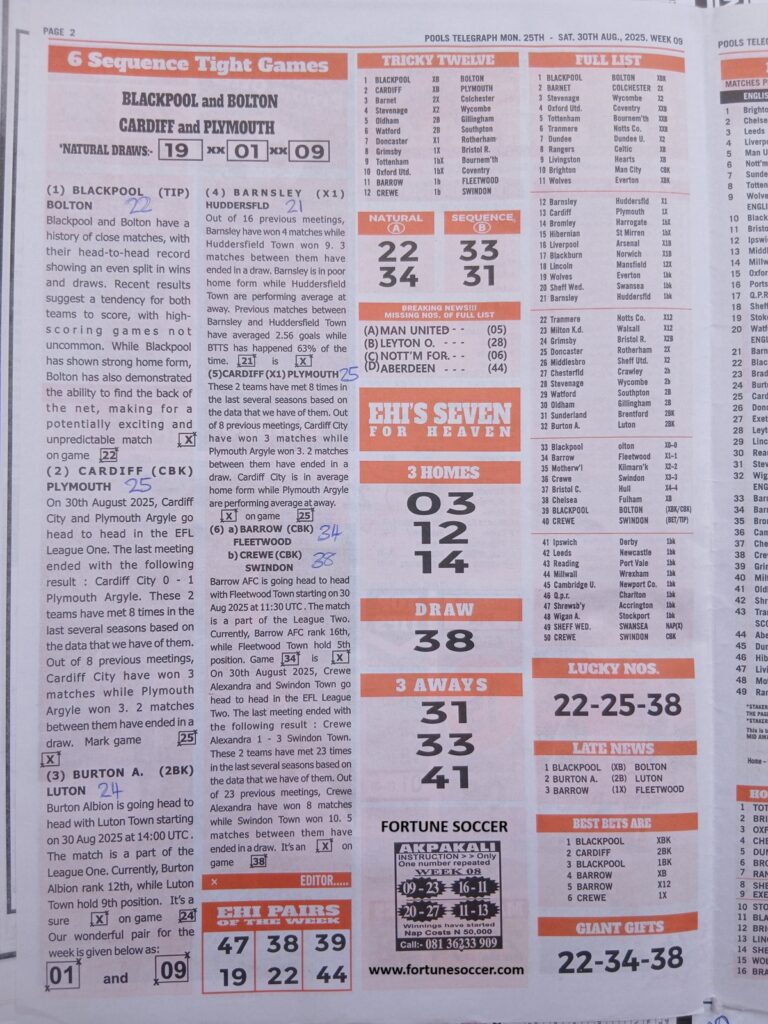 Week 9 Pool Late News Papers 2025: Bigwin Soccer, Pool Telegraph