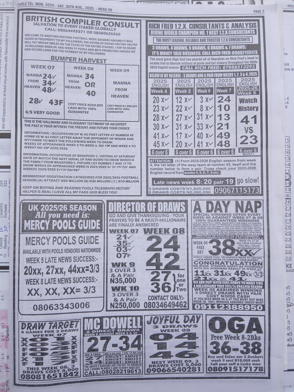 Week 9 Pool Late News Papers 2025: Bigwin Soccer, Pool Telegraph