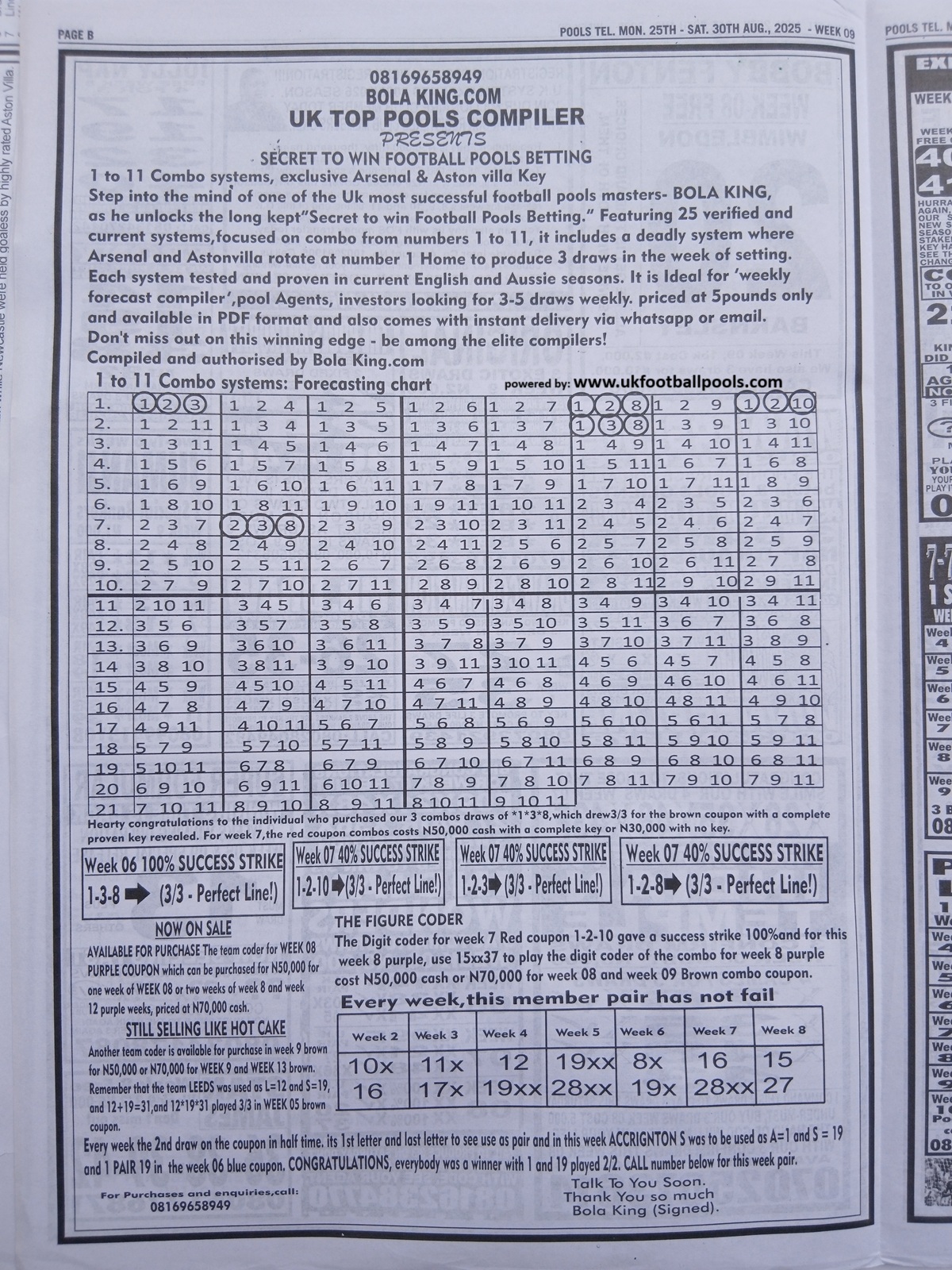 Week 9 Pool Late News Papers 2025: Bigwin Soccer, Pool Telegraph