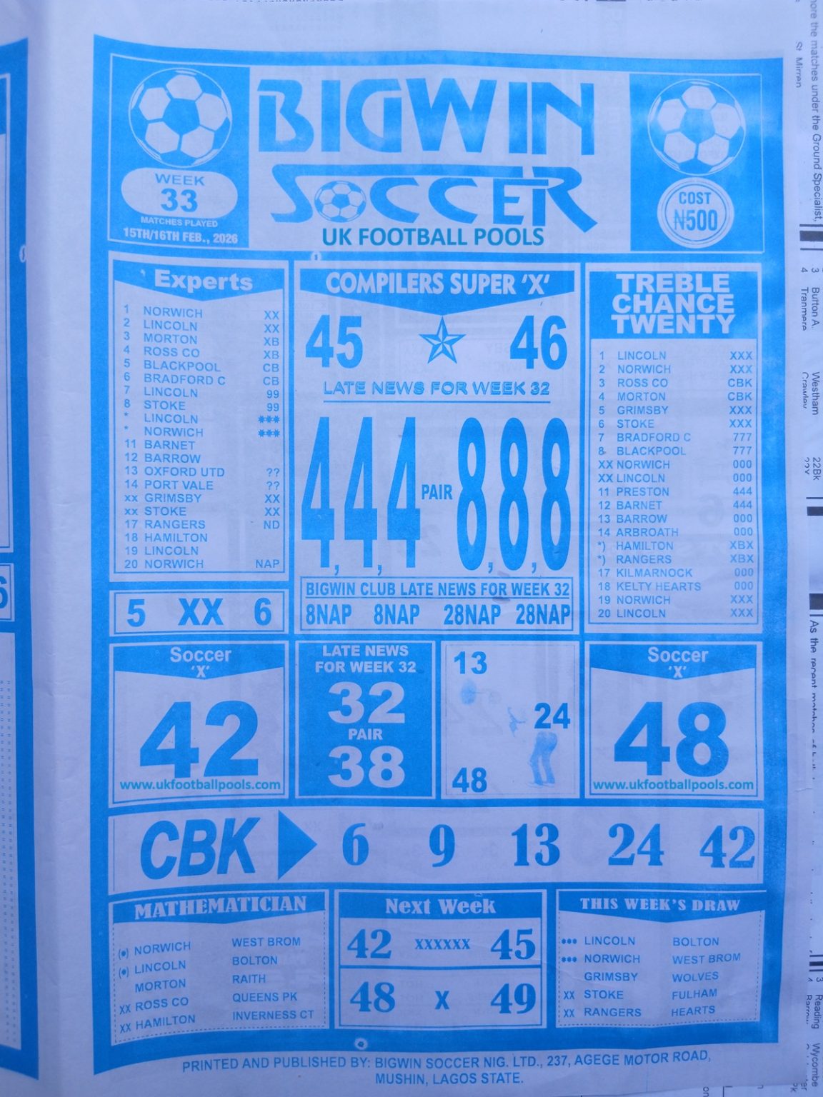 Week 33 RSK Papers 2026: Soccer, Bob Morton, Capital Intl, WinStar, BigWin