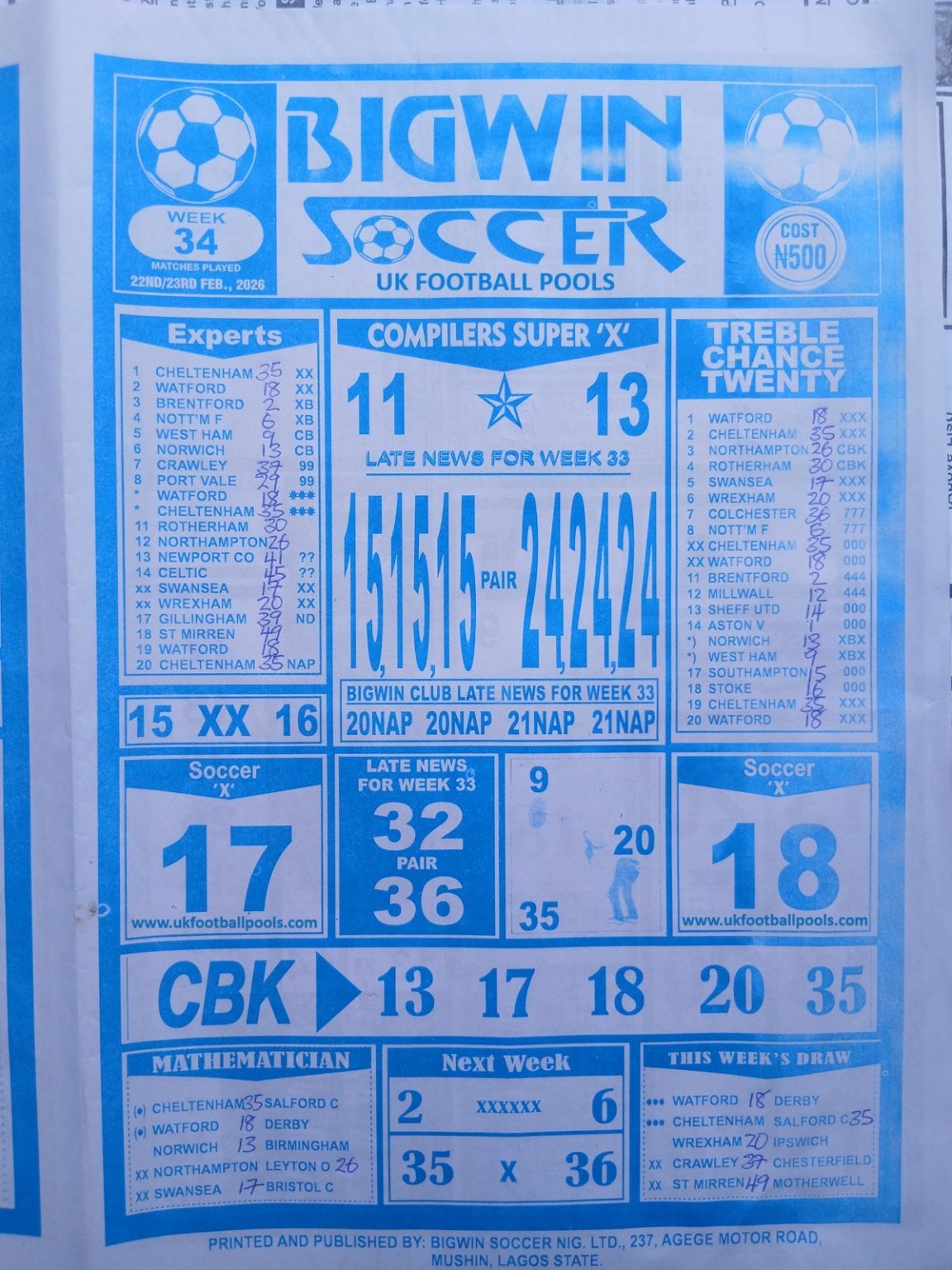 Week 34 RSK Papers 2026: Soccer, Bob Morton, Capital Intl, WinStar, BigWin